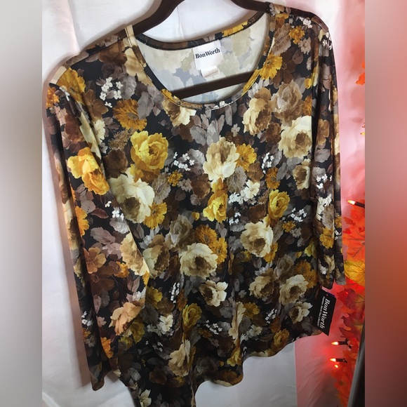 BonWorth | Tops | Nwt Bonworth Womens Long Sleeve Brownyellow Floral ...